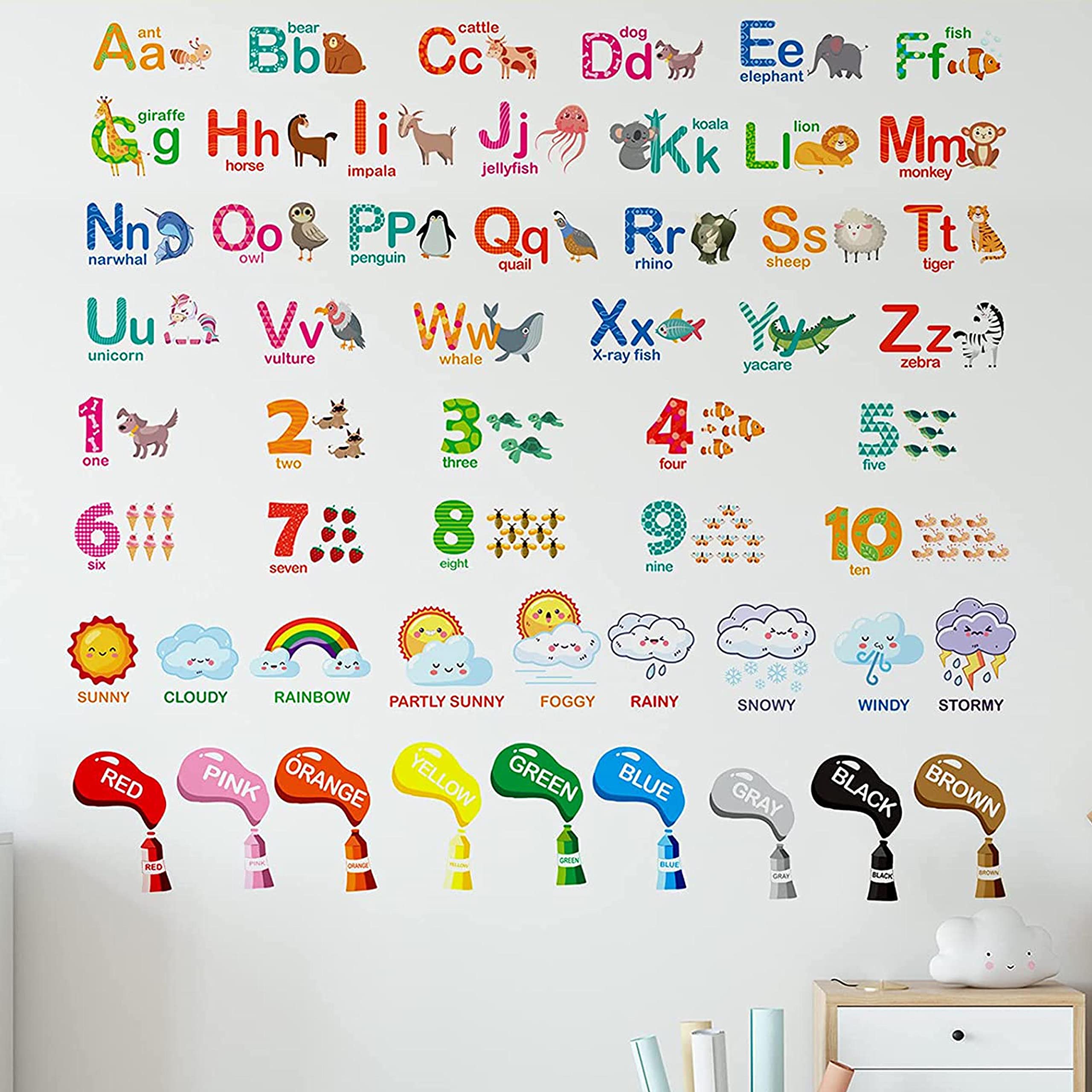 Alphabet Numbers Educational Wall Decal Colorful Wall Decals ABC Alphabet Wall Stickers Weather Color Wall Stickers Peel and Stick Classroom Wall Decals Kids Playroom Nursery Bedroom Decorations