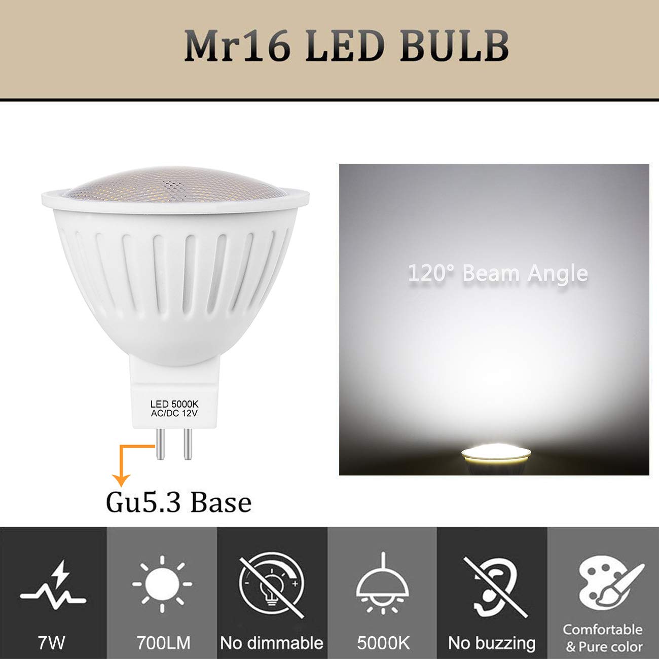 10 Pack MR16 LED Bulbs Non-Dimmable,GU5.3 LED Spotlight Bulbs,5000K -Kelvin Daylight White,7W 700LM,Energy Star,12V AC/DC,for Landscape,Recessed,Track Lighting