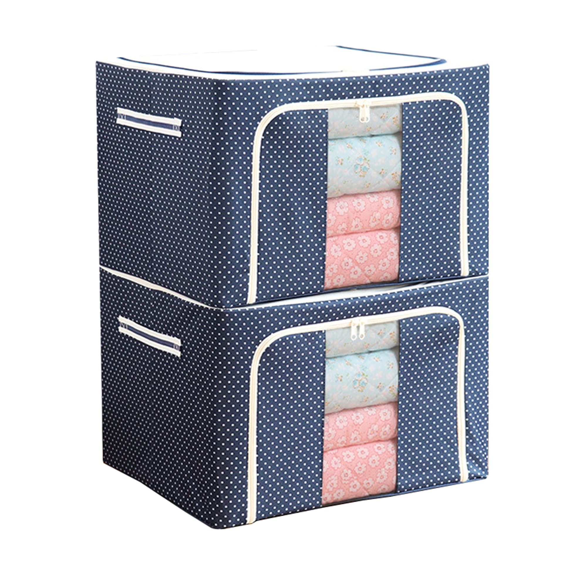2-Pack Clothes Storage Container Set - Jmount 100L x 2 Closet Organizer Boxes With Steel Frame, Foldable Large Blanket Bins, Thick Oxford Fabric, Waterproof, Clear Window, Reinforced Handle, Zipper