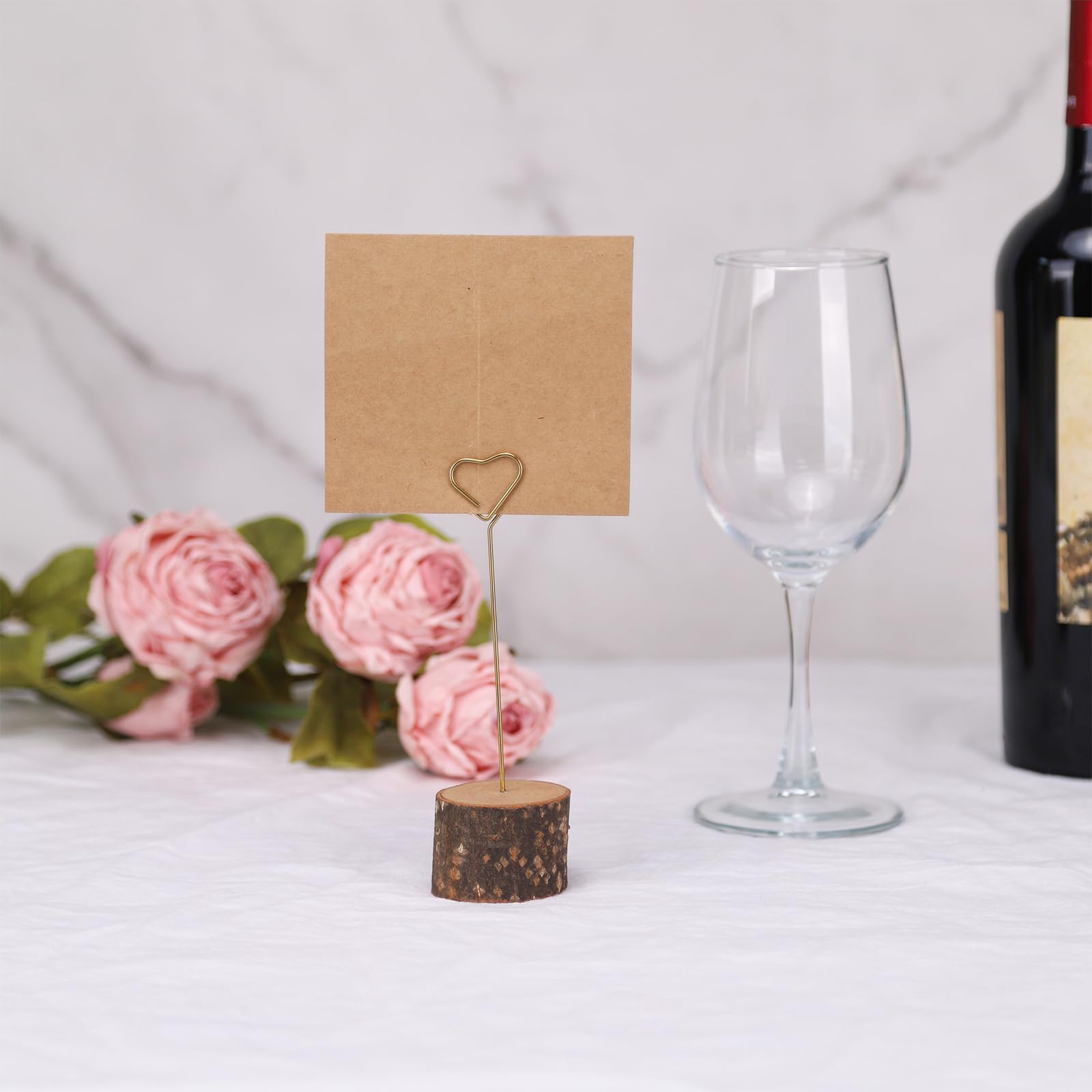 10 PCS Rustic Wood Place Card Holder Table Number Holders with Kraft Cards Table Stands with Heart Shape Wire Clips for Photo Wedding Party Centerpiece Restaurant Decorations Table Setting