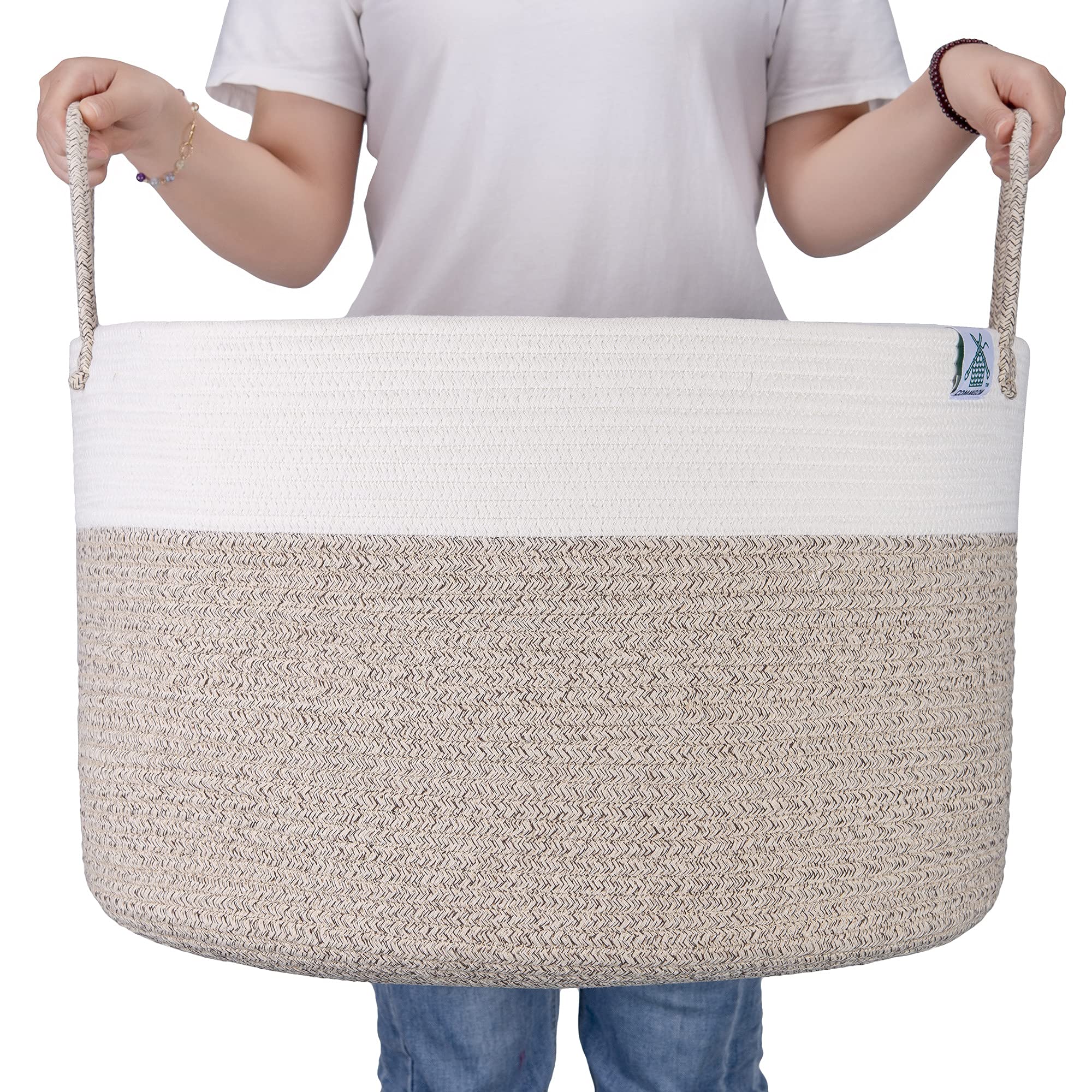 COMMIGLOW XXX-Large Cotton Rope Basket (22āx14ā),100% Pure Cotton Woven Laundry Basket for Storage, Blanket Basket for Living Room, Baby and Dog Toy Storage Basket Bin with Handle, Light Brown