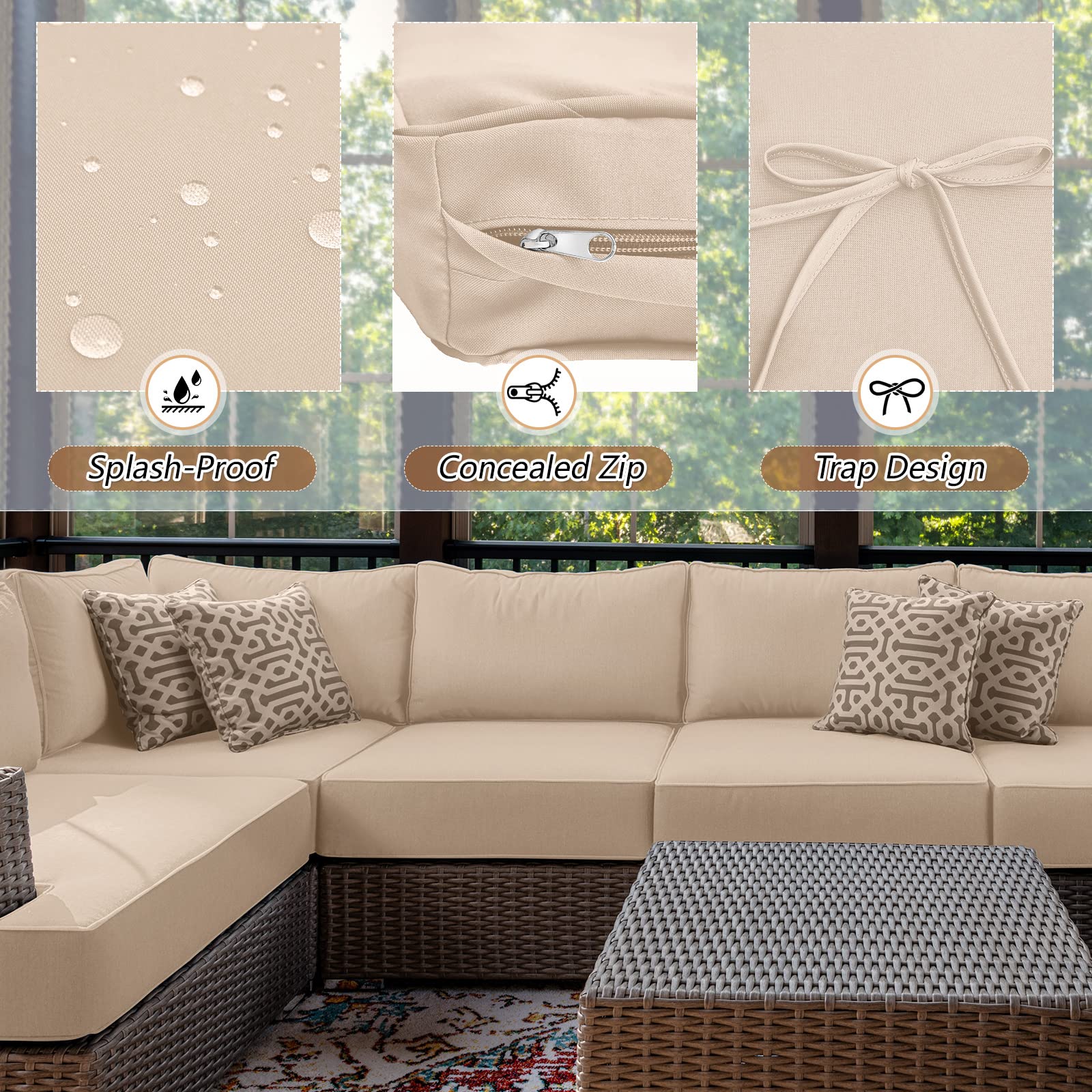 11 Pcs Outdoor Cushion Slipcovers Patio Cushion Covers Replacement Splash Proof with Zipper for Outdoor Indoor Furniture, Patio Sofa Couch 3 Sizes, Replacement Covers Only (Beige)
