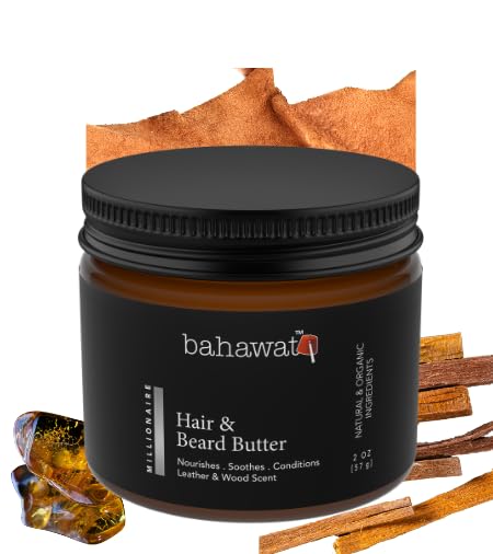 BAHAWAT Beard Butter for Men Leave-in Conditioner Leather, Sandalwood - Strengthen, Soften & Moisturize While Relieving Itch – Made in USA with Organic, Natural Ingredients Best Beard Butter -2 oz