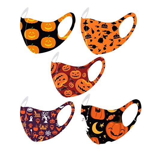 5pcs Funny Happy Halloween Reusable Kids Face_mask Cute Face Coverings Washable Breathable Dust Bandanas for Boys and Girls