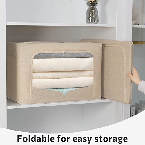 3 Pack Clothes Storage Bins - Foldable Metal Frame Storage Box - Stackable Linen Fabric Organizer Set with Carrying Handles and Clear Window (Beige, 15.7x11.8x11.8inch(36L))