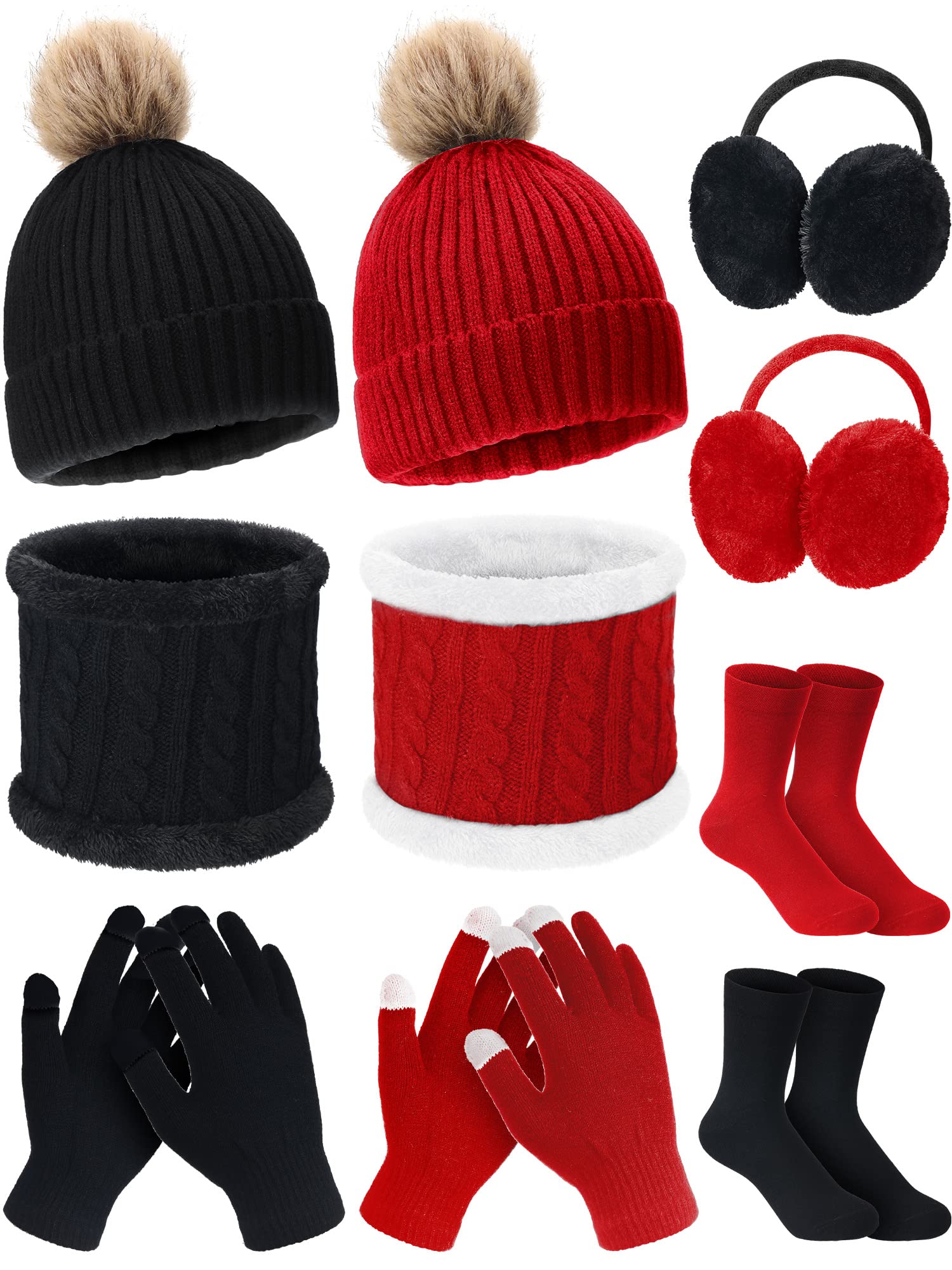 10 Pcs Winter Hat Scarf Gloves Warm Knitted Hat Scarf Touchscreen Gloves Earmuffs Socks Satin Inner Lining Knit Hat for Women and Men (Black, Wine Red)
