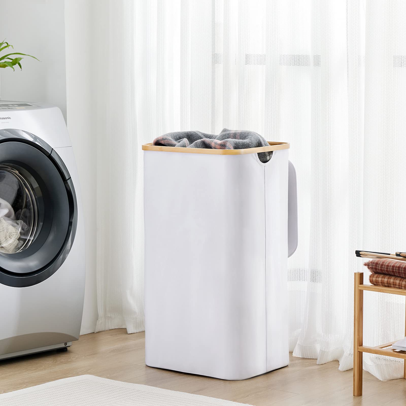 100L Large Laundry Hamper Basket with Lid by YOUDENOVA, Tall Clothes Hamper with Handle, Waterproof and Collapsible Storage Basket for Bedroom and Bathroom, White(16"L 13"W 28"H)