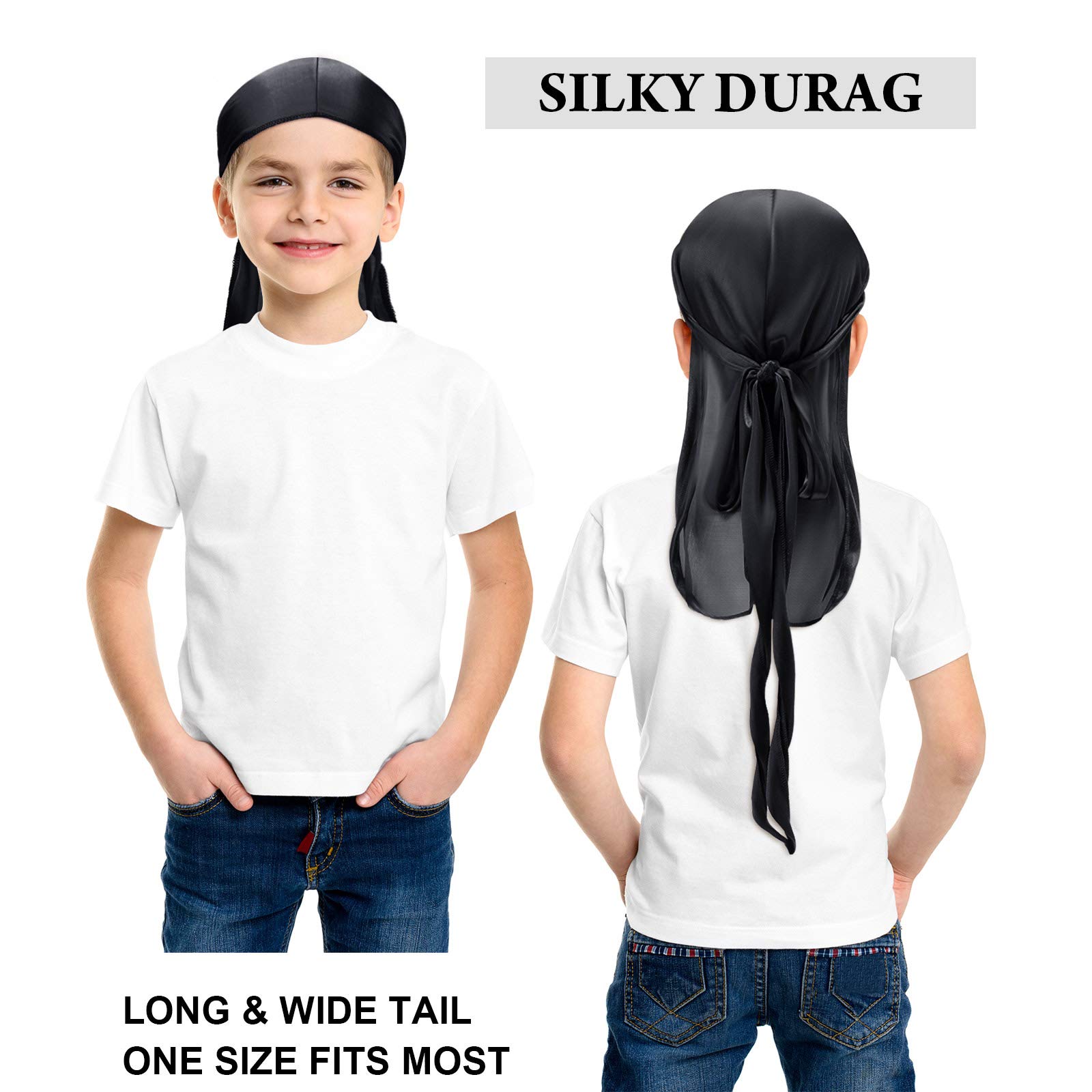 10 Pieces Kids Satin Silk Durag with Wave Caps Set Unisex Baby Durags 360 Wave Wide Strap Headwraps Long Tail Turban Beanies (Silver, Black, Royal Blue, Red, Green)