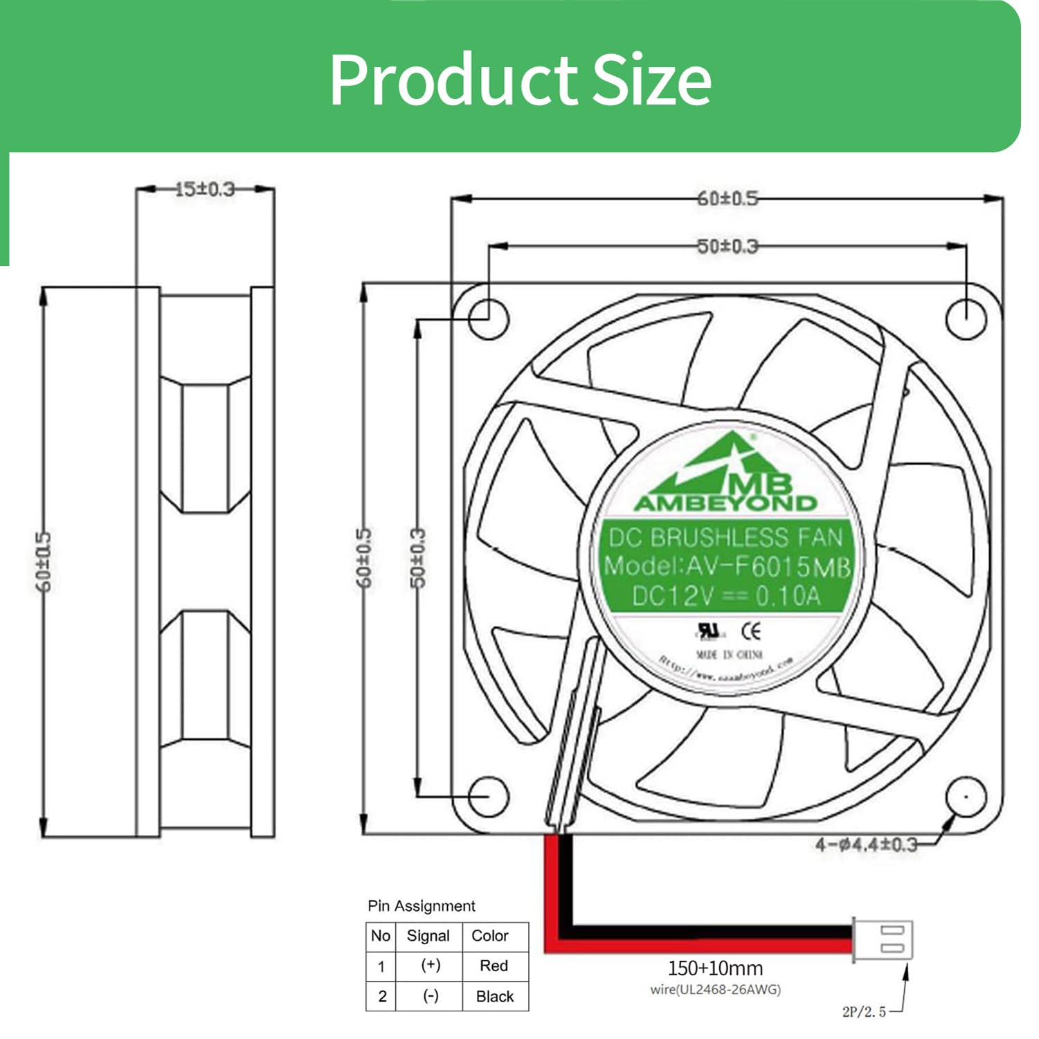 2-Pack 60mm by 60mm by 15mm 6015 12V DC 0.10A Dual Ball Bearing Brushless Cooling Fan 2pin