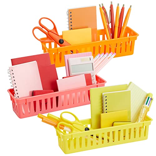 12-Pack Small Pencil Holder Trays, Elementary Teacher Supplies for Classroom Must Haves, Caddy, Plastic Organizer Baskets for Office Storage, Organization, Decorations (Rainbow, 10.0x2.9x2.4 in)