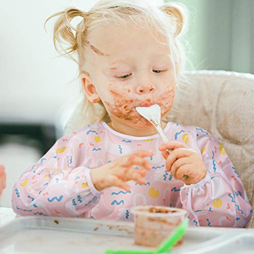 3 Pcs Long Sleeved Bib Set | Baby Waterproof Bibs with Pocket Bundle | Toddler Bib with Sleeves and Crumb Catcher | Stain and Odor Resistance Play Smock Apron - Pack of 3 | 6-24 Months
