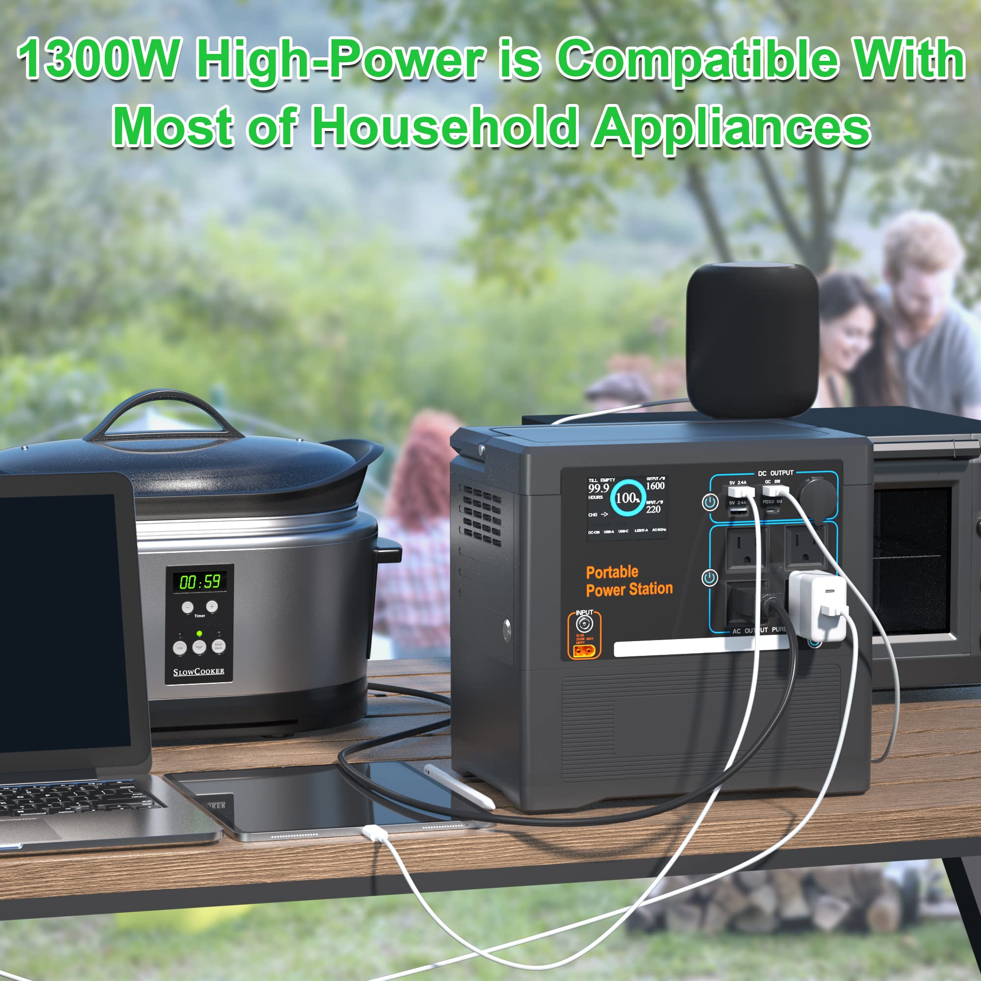 1154Wh Portable Power Station, 1500W Peak Rated 1300W Solar Generator 110-120V AC Outlets Backup Lithium Battery UPS Power Supply for Home Use Camping Outdoor Emergency (Solar Panel Not Included)
