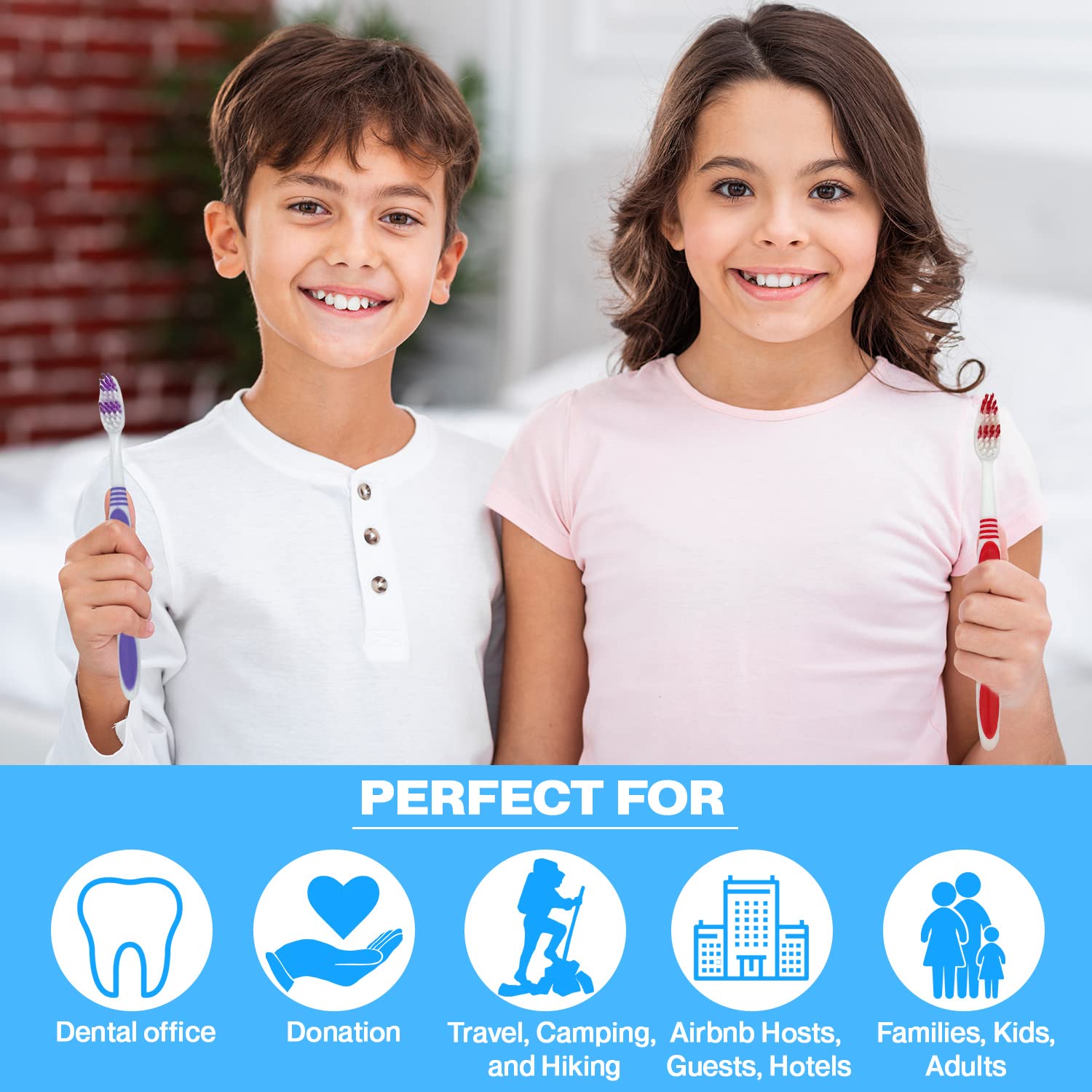 100 Bulk Toothbrushes Medium Bristle Individually Wrapped with Hygiene Cap Ergonomic Disposable Great for Home Travel Events Care Package Guests Hotels Lodging