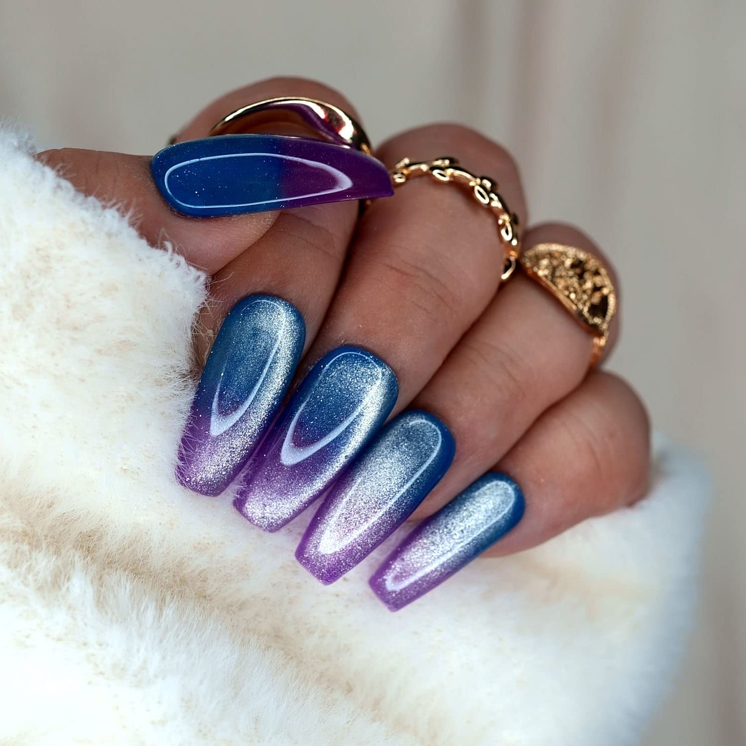10 Pcs Handmade Press on Nails ( M, Ocean Spirit / Blue and Purple Ombre with Nano Silver Ring Cat Eye / Almond) A018M