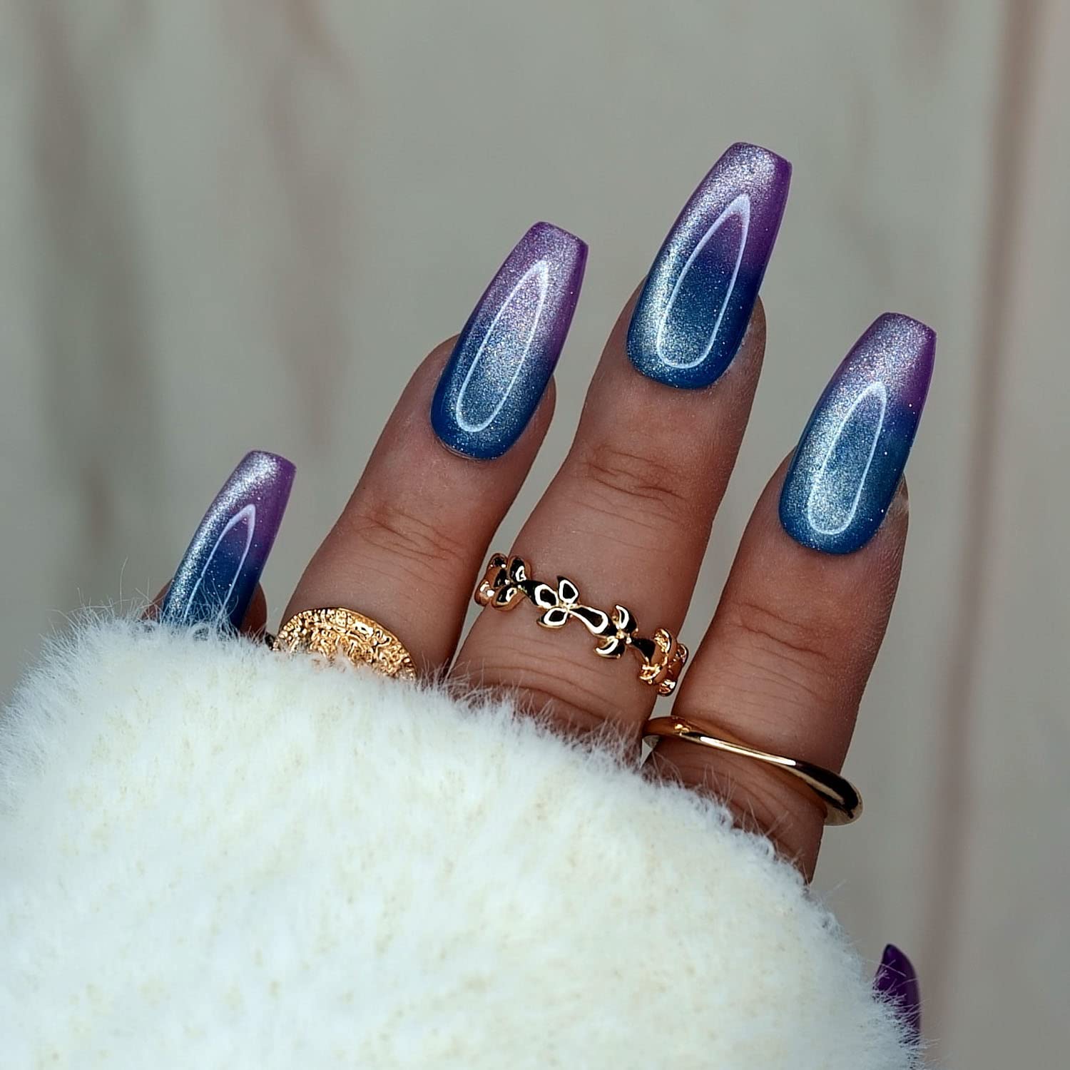 10 Pcs Handmade Press on Nails ( M, Ocean Spirit / Blue and Purple Ombre with Nano Silver Ring Cat Eye / Almond) A018M
