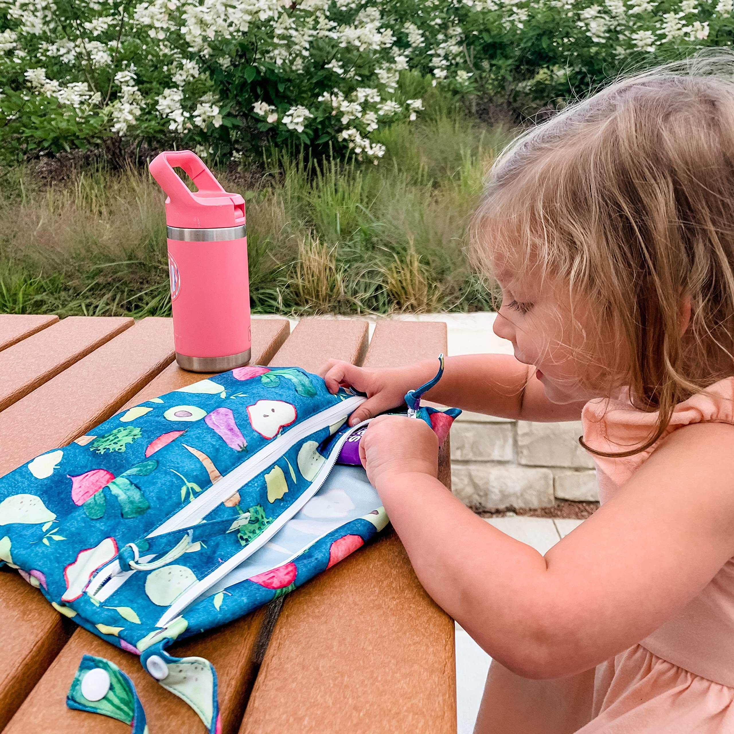 BapronBaby Organic Produce Wet Dry Bag - Waterproof Two Zipper Pockets - Reusable for Mealtime, Diapers, Stroller, Snacks, Swimsuits - Machine Washable - 11" x 9"