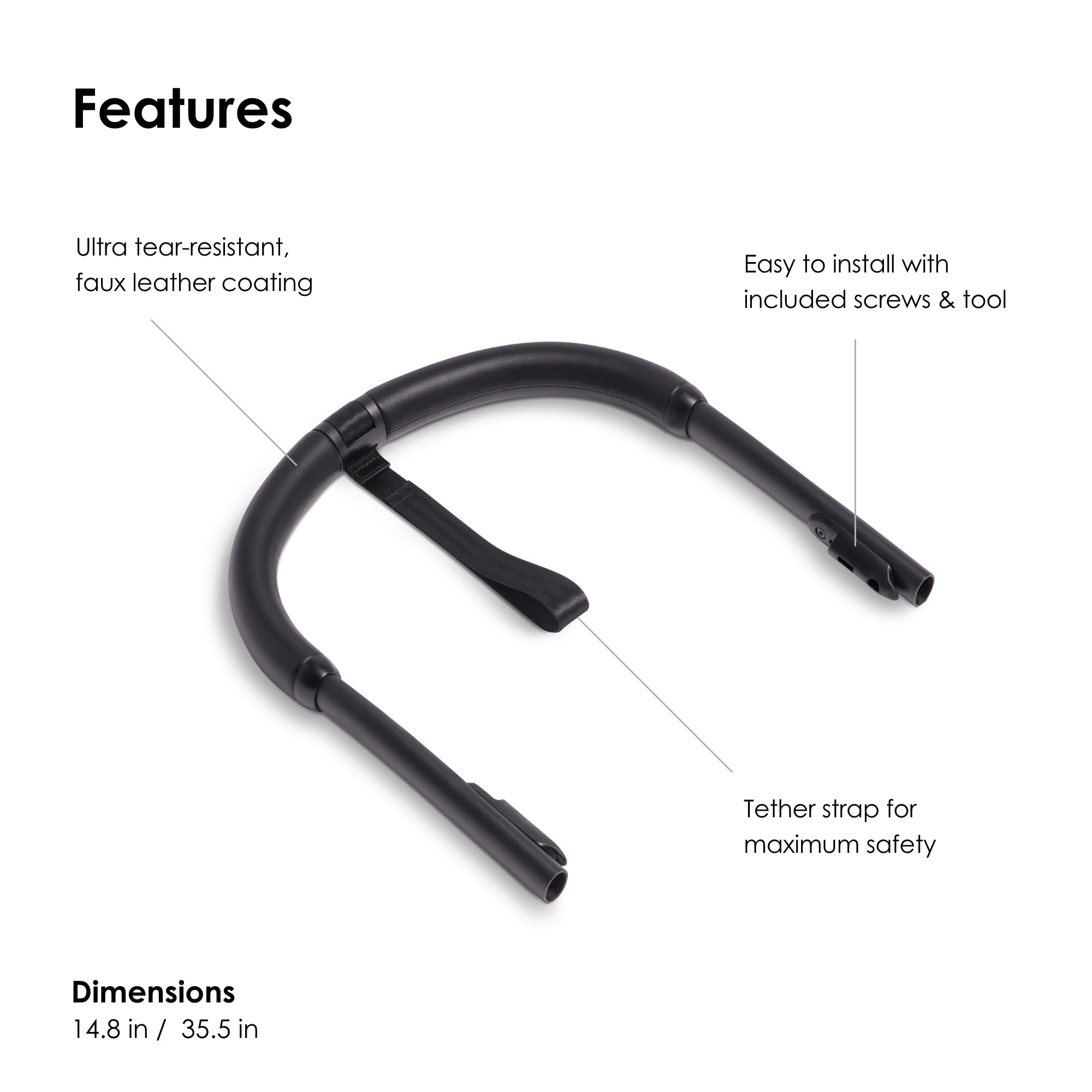 BABYZEN YOYO Handlebar, Black - Ultra Tear-Resistant, Faux Leather Coating - Includes Tether Strap - Compatible with YOYO2 & YOYO+ Strollers