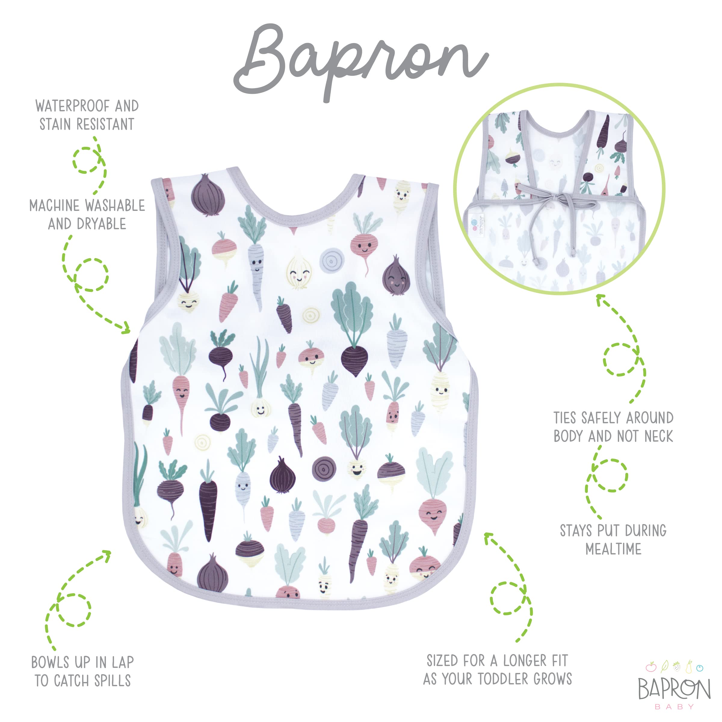 BapronBaby Root Veggies Bapron - No Neck Tie Safer Bib for Baby & Toddler - Soft Waterproof Stain Resistant - Machine Washable - Sz Baby/Toddler 6m-3T