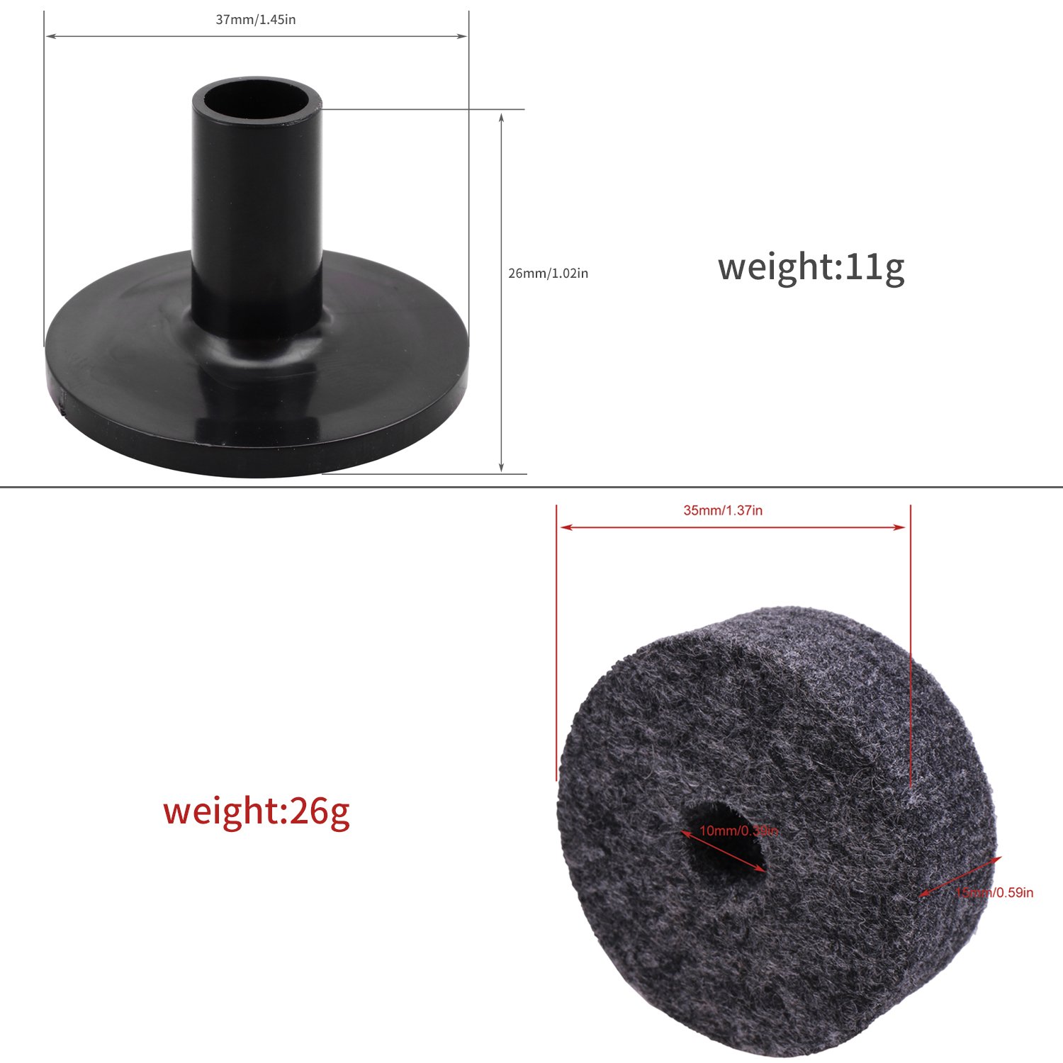 10PCS Cymbal Stand Felt Washer and 10PCS Plastic Drum Cymbal Stand Sleeves Replacement Grey
