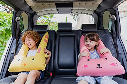 Kangaruru All in One Seatbelt Adjuster and Pillow with Neck and Headrest Cushion for Kids (Rabbit_Pink)