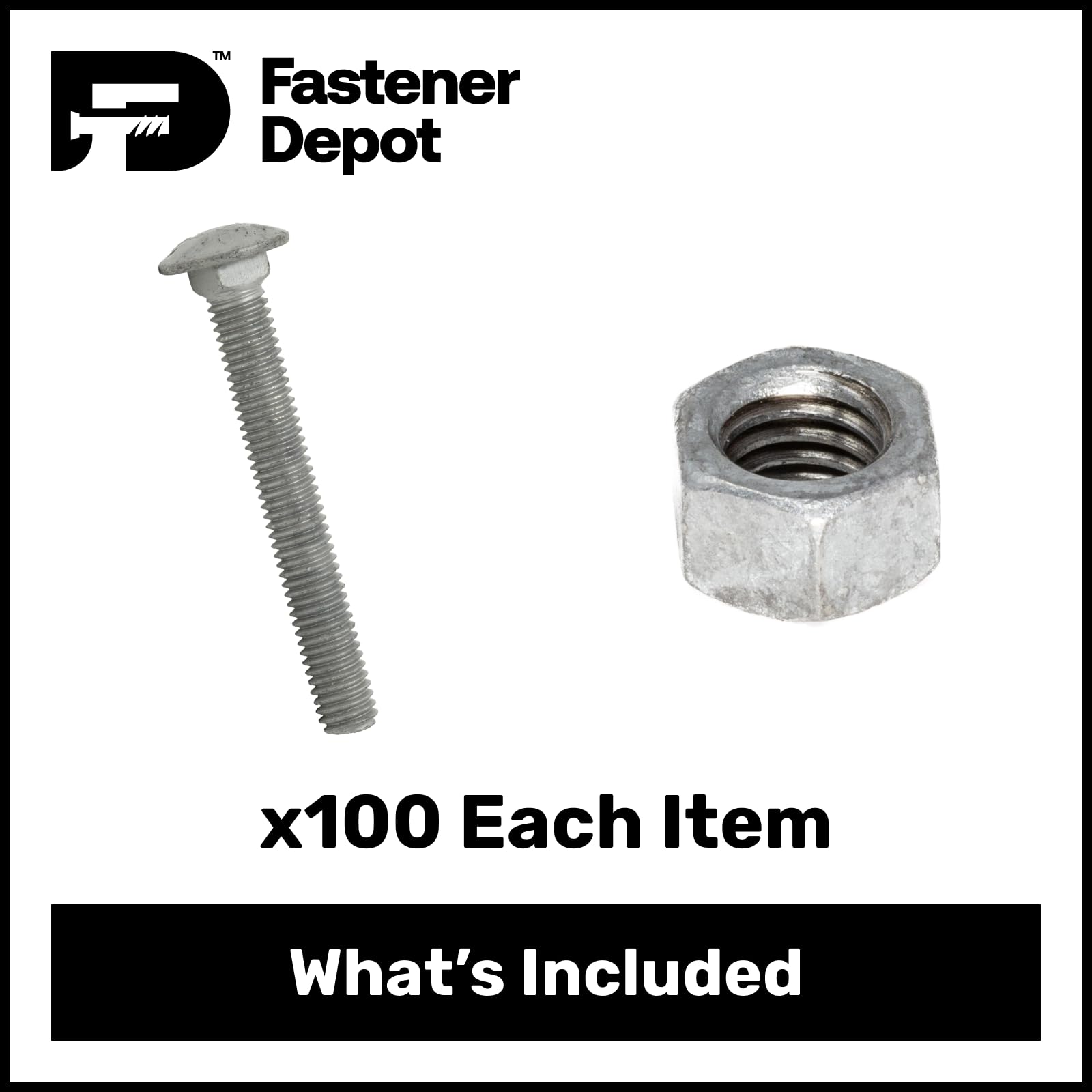 1/4"-20 x 3-1/2" Hot Dipped Galvanized Carriage Bolt w/Nuts, Grade A, Full Thread, Quantity 100 - by Fastener Depot, LLC