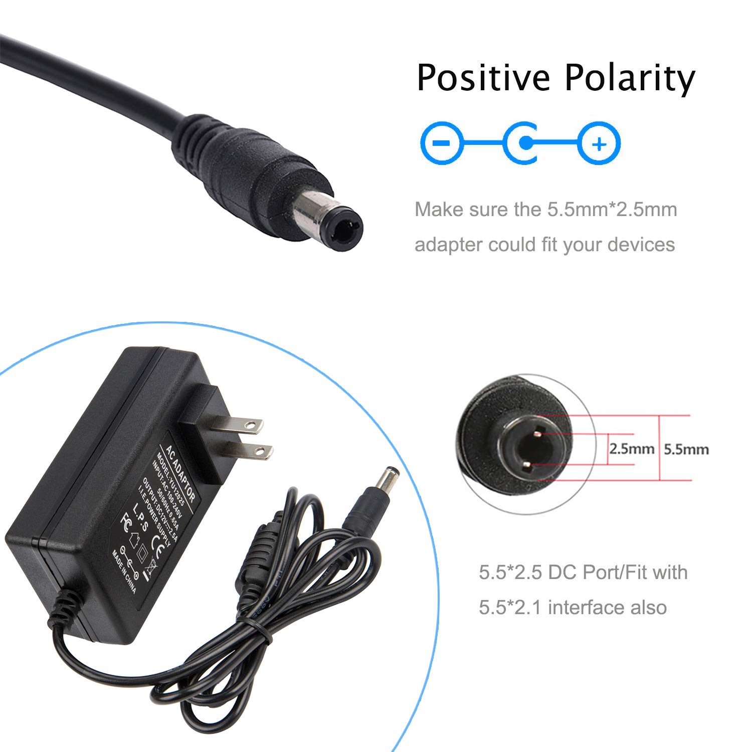 12V 2.5A Power Adapter - COOLM AC 100-240V to DC 12V 2500mA Power Supply Transformer Charger 12V/2.5A for 12V Analog DVR NVR HVR CCTV Security Camera/RGB LED Strip Lights