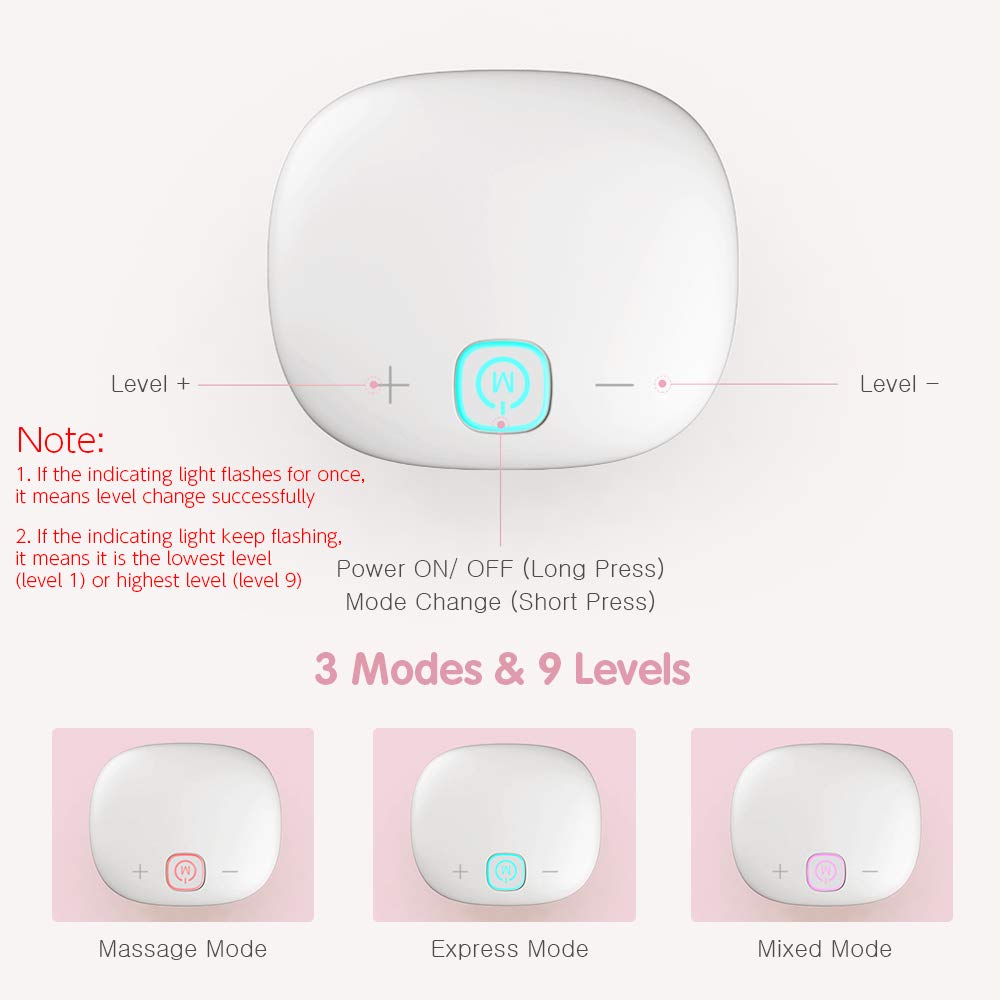 2Pcs Hands-Free Breast Pumps Wearable Electric Breastpump Portable Comfort Breastfeeding Pump 3 Modes 9 Suction Levels Rechargeable Wireless Milk Collector (24mm Nipple Diameter)
