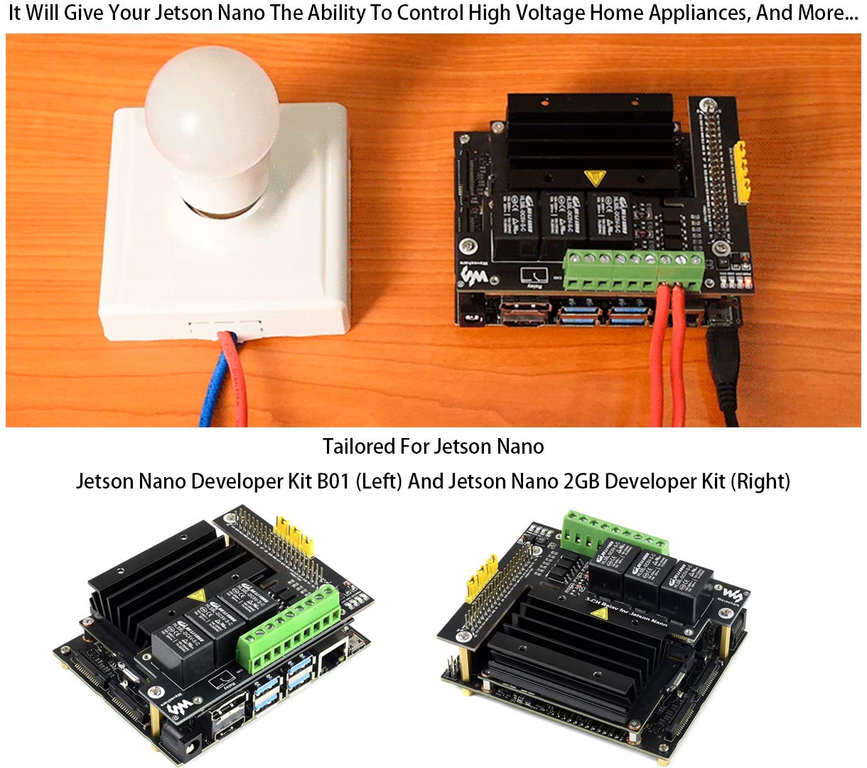 3-Channel Relay Expansion Board for Jetson Nano Developer Kit B01 and Jetson Nano 2GB Developer Kit, up to 2X Stackable Max Load ≤5A 250V AC or ≤5A 30V DC