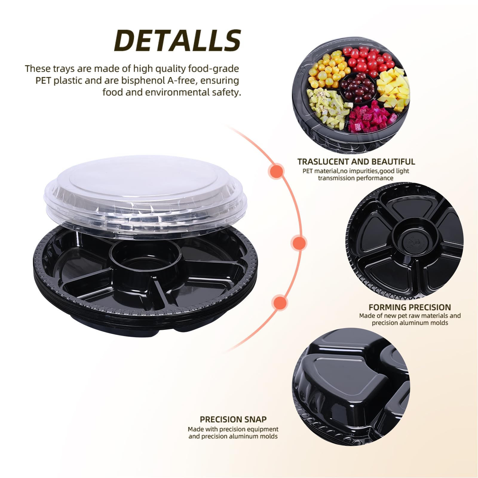 10 Pcs Plastic Appetizer Serving Tray with Lid Round 12.5 Inch Tray with Lid Disposable Serving Fruit Veggie Tray with 6 Divided Compartment Tray Fruit Snack Veggie Trays for Catering for Party