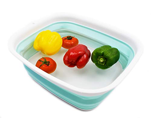 SAMMART 9.45L (2.5 Gallon) Collapsible Tub - Foldable Dish Tub - Portable Washing Basin - Space Saving Plastic Washtub (White/Lake Green, M)