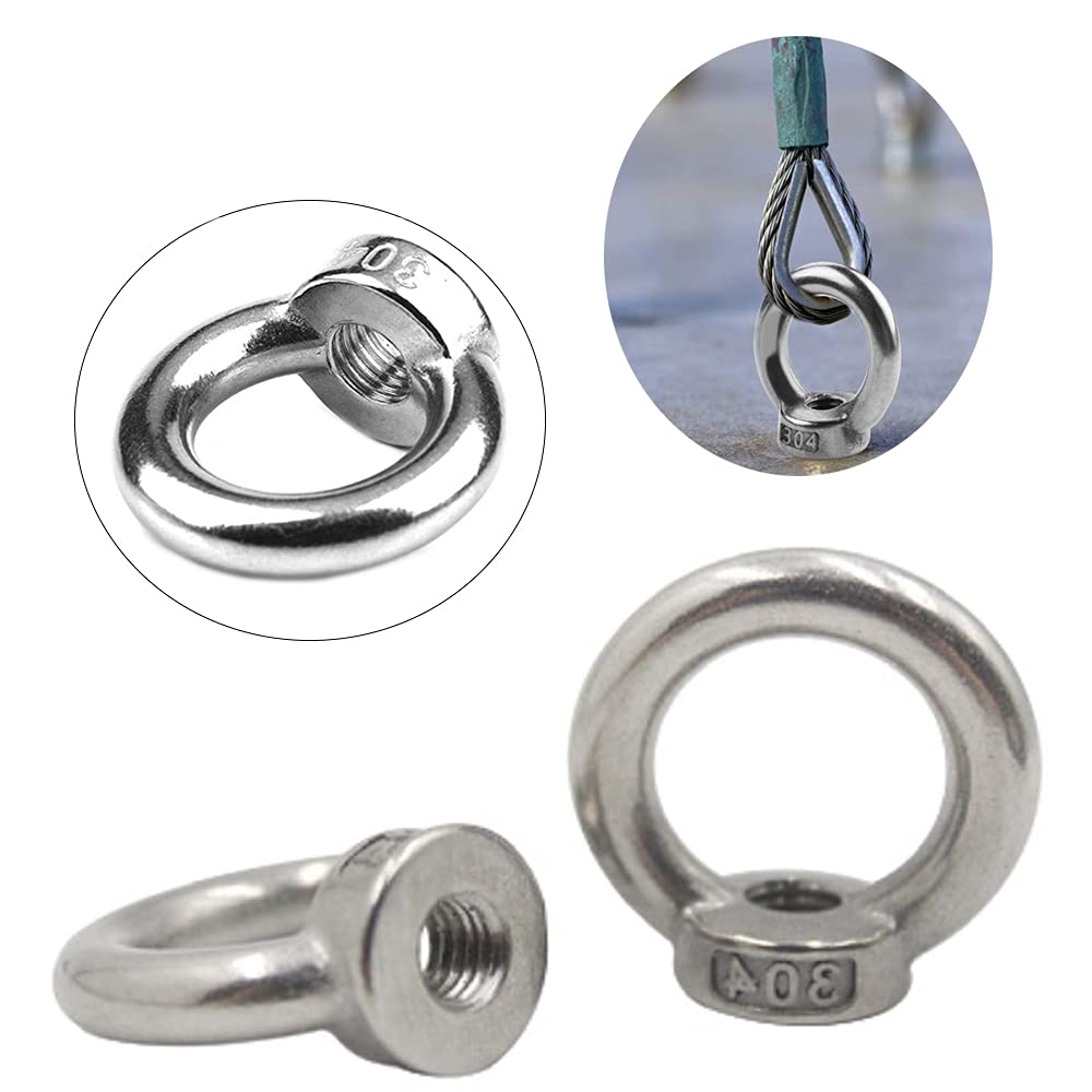 10 Pcs M6 Lifting Eye Nut Lifting Ring Eyebolt Nuts Silver 304 Stainless Steel Ring Shape Lifting Eye Nut for Lifting Accessories Rope Fitting