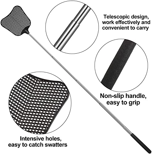 12 Pieces Telescopic Fly Swatter Extendable Plastic Flyswatter Manual Fly Swatter with Stainless Steel Retractable Pole for Indoor Outdoor Home and Office, Black