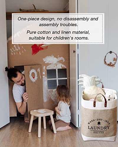 AMZTOP Linen Clothes Hamper Patchwork Collapsible Laundry Basket with Leather Handles for Storage Toys and Clothing in Bedroom, Bathroom Foldable Laundry Hamper 68L