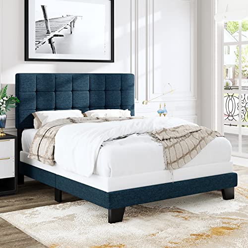 Allewie Queen Size Panel Bed Frame with Adjustable Headboard for High Profile/Fabric Upholstered/Square Stitched Padded Headboard/Box Spring or Bunkie Board Required/Navy Blue