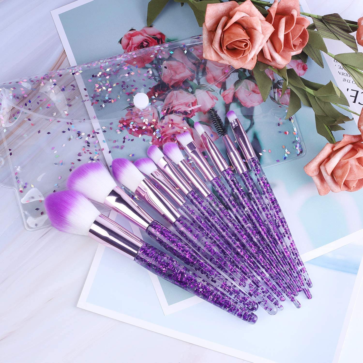 10 Pieces Crystal Glitter Makeup Brushes Premium Synthetic Fiber Makeup Brush for Foundation Powder Concealers Blush and Eyeshadow (Purple)