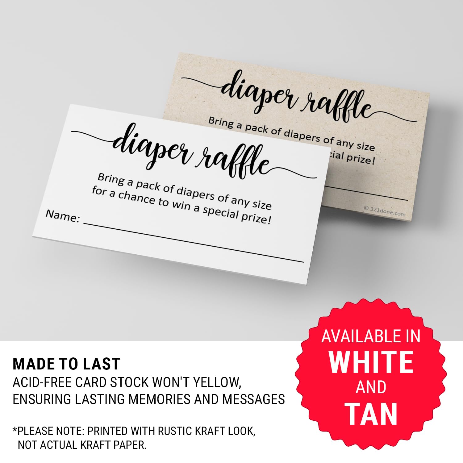 321Done Diaper Raffle Tickets, Made in USA - 3.5x2 White, With Name Line, Baby Shower Game, Enter to Win Drawing, Prize, Small - Set of 50