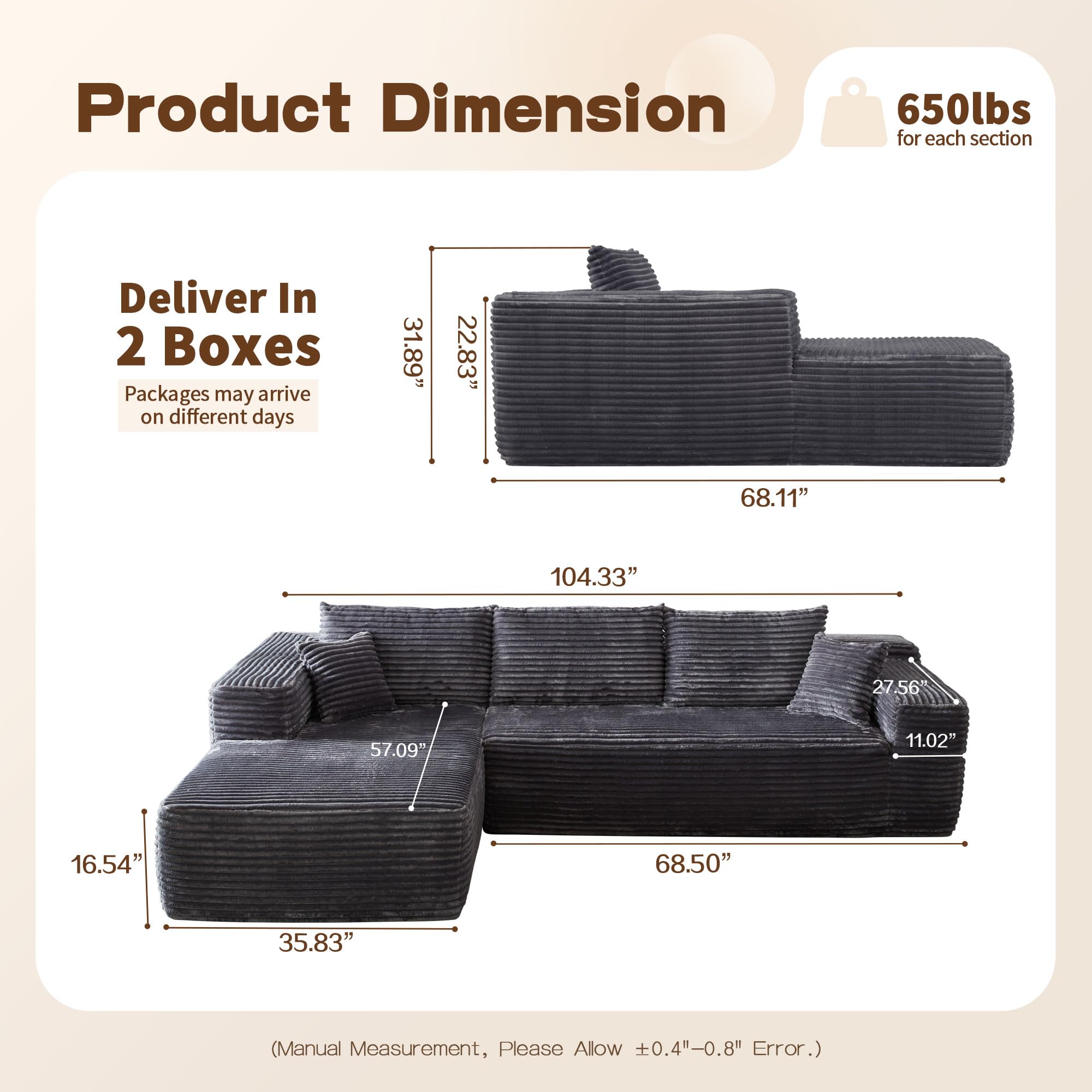 104" Modular Sectional Sofa Couch,L-Shape Upholstered Cloud Couch,Modern Minimalist Couches for Living Room,Free Combination Deep Seat Corner Couch,Left Facing Chaise,Grey, Plush Corduroy