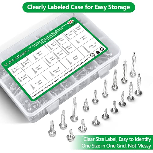 325Pcs Self Drilling Screws Assortment Kit, 410 Stainless Steel Self Tapping Sheet Metal TEK Screws for Metal, Truss & Hex Washer Head #8#10-1/2",5/8",3/4",1",1-1/4",1-1/2"