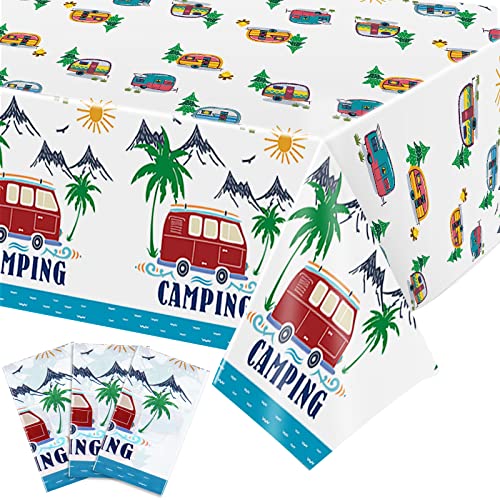 3 Pack Camping Tablecloth Camping Picnic Table Covers Rectangular Camping Backdrop Table Cloth Camping Trails Tablecloth Camping Vintage Style Plastic Tablecloth for Party Table Decor, 108 x 54 Inch