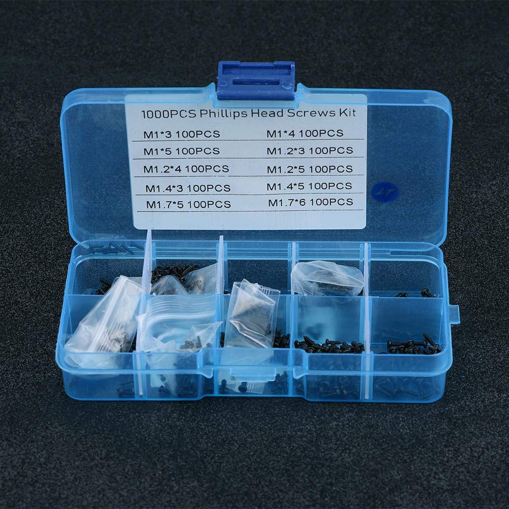 1000pcs Screws, M1 M1.2 M1.4 M1.7 Stainless Steel Cross Drive Pan Head Self Tapping Screws Kit with Box for Machine Woodworking Fastener