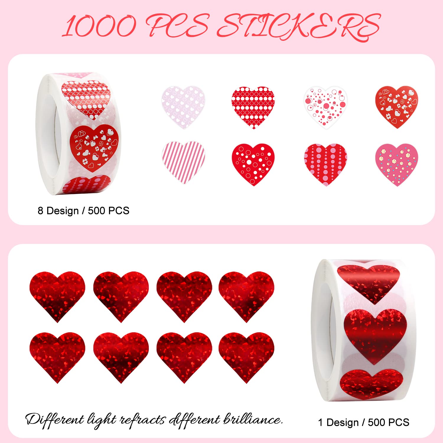 1000PCS Valentines Stickers, Glitter Heart Stickers Roll & 8 Design Funny Valentine's Mother Day Decorative Label Sticker, Wedding Party Decorat Envelopes Greeting Cards Boxes Gifts Seal Stickers