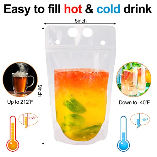 100 Pcs Drink Pouches for Adults Stand-Up Juice Pouches, Hand-Held Reclosable Drink Bags Plastic Zipper Juice Bags with Straws Silicone Funnel(Come with 100 Pcs Round Stickers)