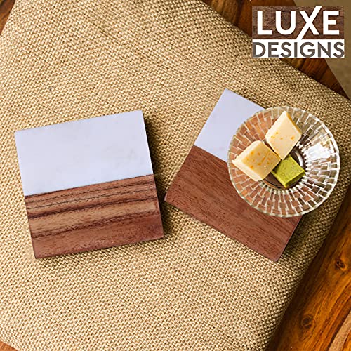 Acacia Wood & White Marble Coasters with Holder (4 Piece) β Square Absorbent Coasters For Drinks: Tea, Coffee, Wine & More β Fancy Half Marble Half Wood Coasters Set for Home & Kitchen Decor (4β x 4β)