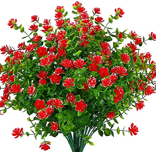 20 Bundles Artificial Flowers Outdoor Fake Flowers Faux Boston Plants Plastic Bouquet Fake Greenery UV Resistant No Fade Faux Shrubs Home Garden Porch Patio Office Yard Indoor Decoration (Red)