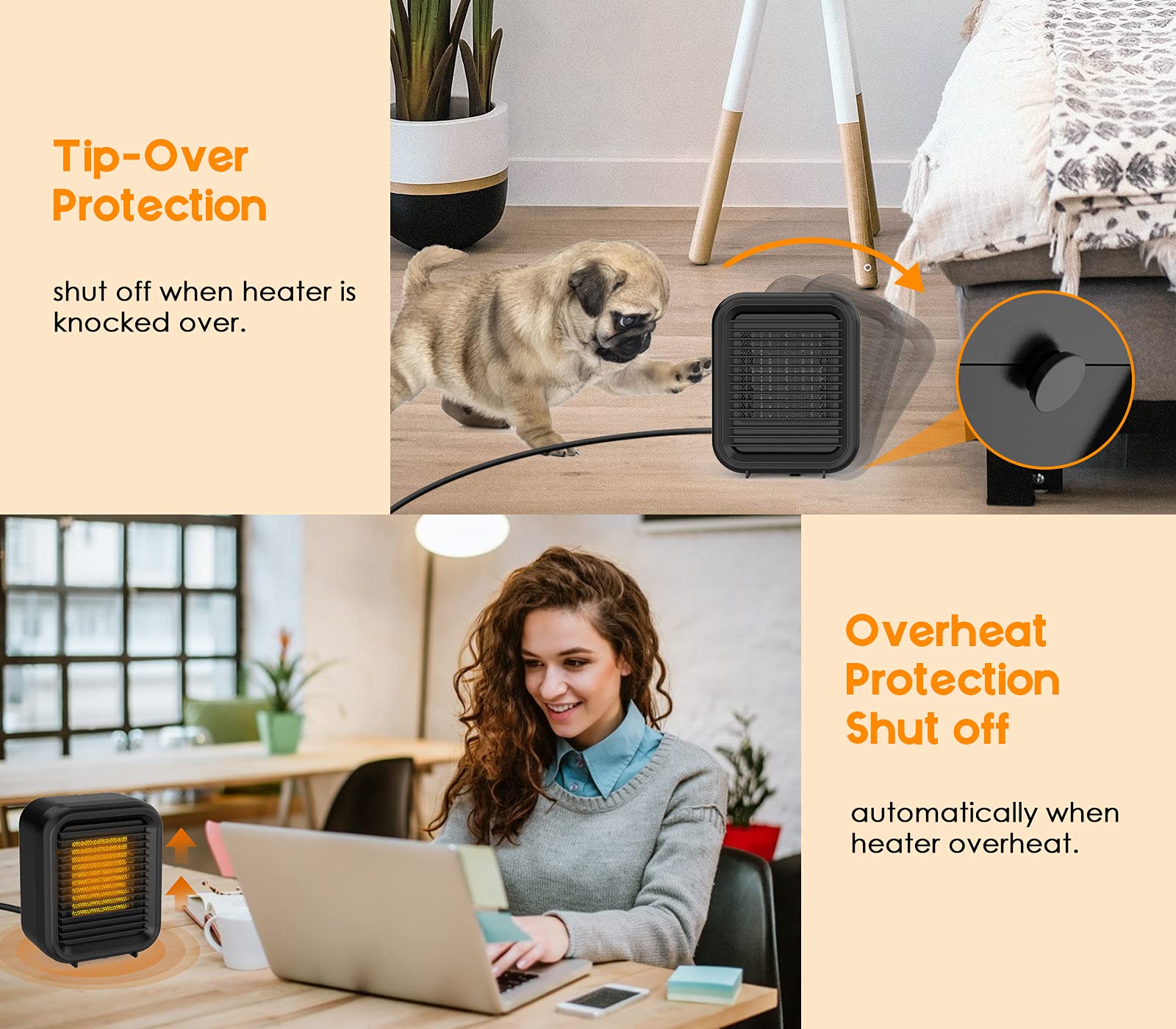 1000W Small Portable PTC Ceramic Heaters for Bedroom, Energy Efficient Electric Heater with Tip-Over and Overheat Protection, Personal Desk Heater for Bathroom Home Dorm Office Indoor Use