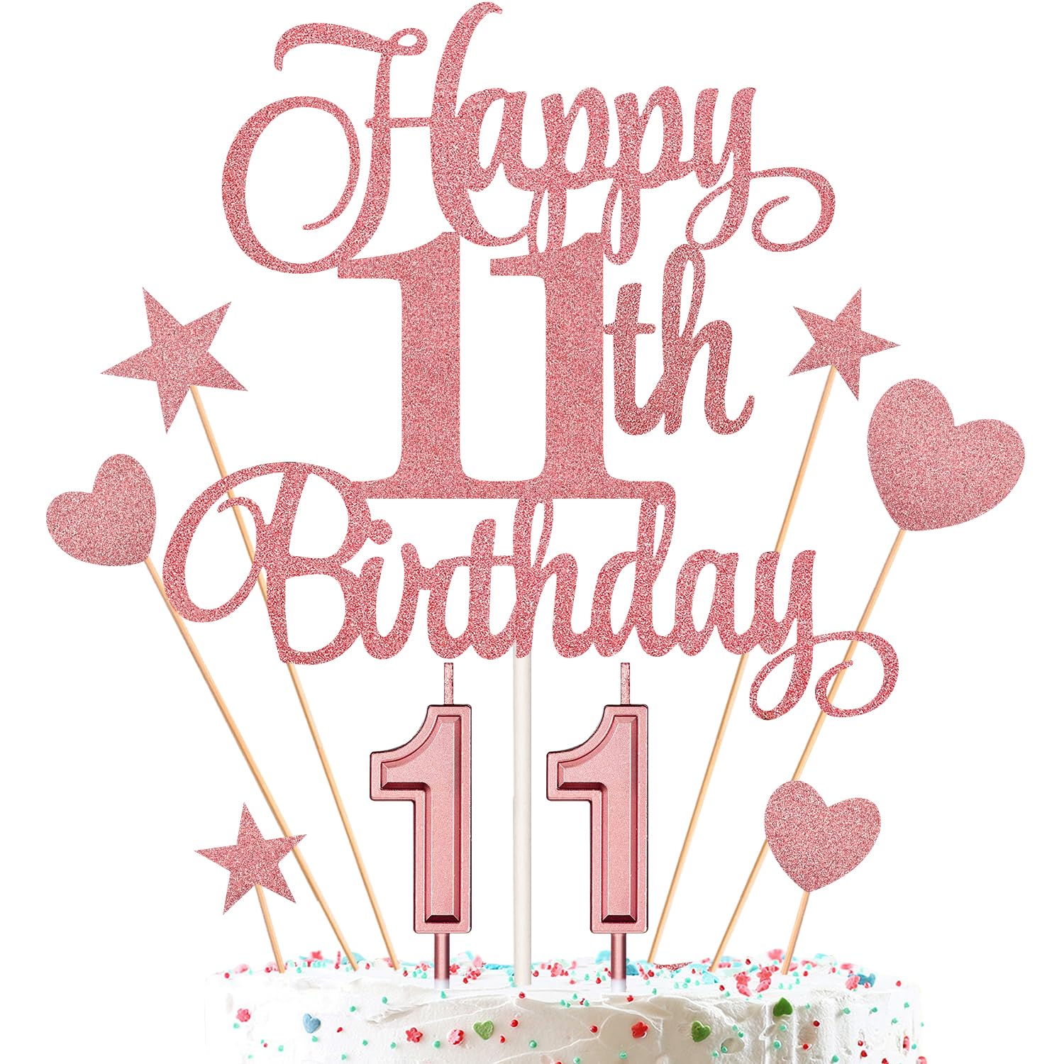 11th Birthday Cake Decorations Set Include 11th Birthday Candles Numeral 11 Cake Candles and Happy 11th Birthday Cake Toppers with Heart Star Cupcake Picks for Birthday Party (Rose Gold Series)