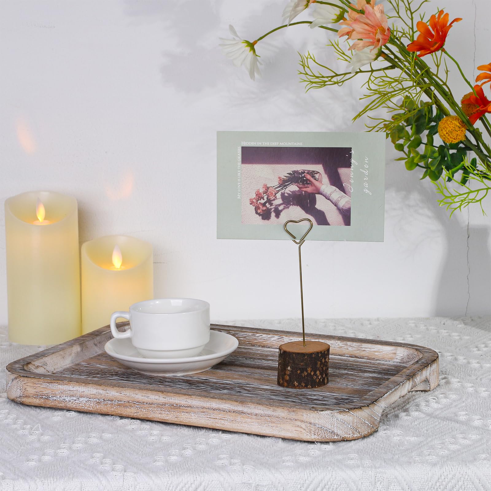 10 PCS Rustic Wood Place Card Holder Table Number Holders with Kraft Cards Table Stands with Heart Shape Wire Clips for Photo Wedding Party Centerpiece Restaurant Decorations Table Setting