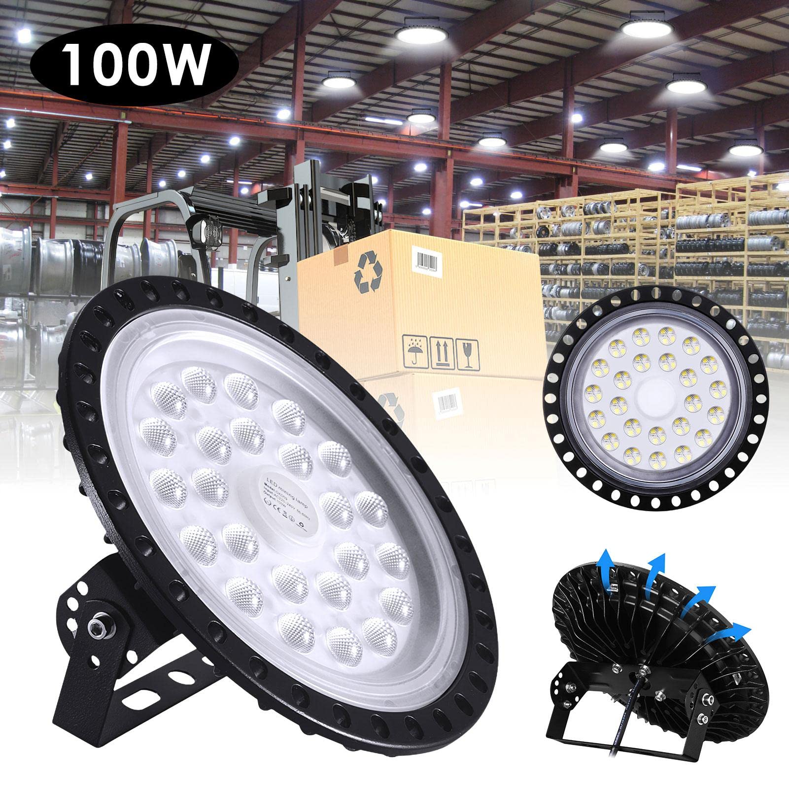 100W UFO LED High Bay Light, 6000-6500K Cool White LED Workshop Light, Ultra Thin Factory Warehouse LED Industrial Lighting, IP65 Waterproof Commercial Bay Lighting for Garage Factory Gym