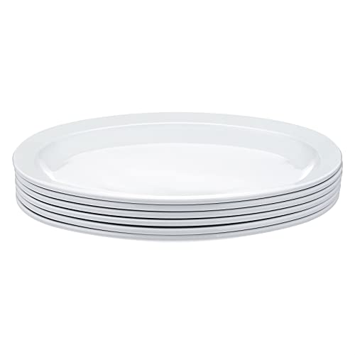 AmazonCommercial 13 in. x 9.75 in. White Melamine Oval Platter Narrow Rim - 6 Piece Set