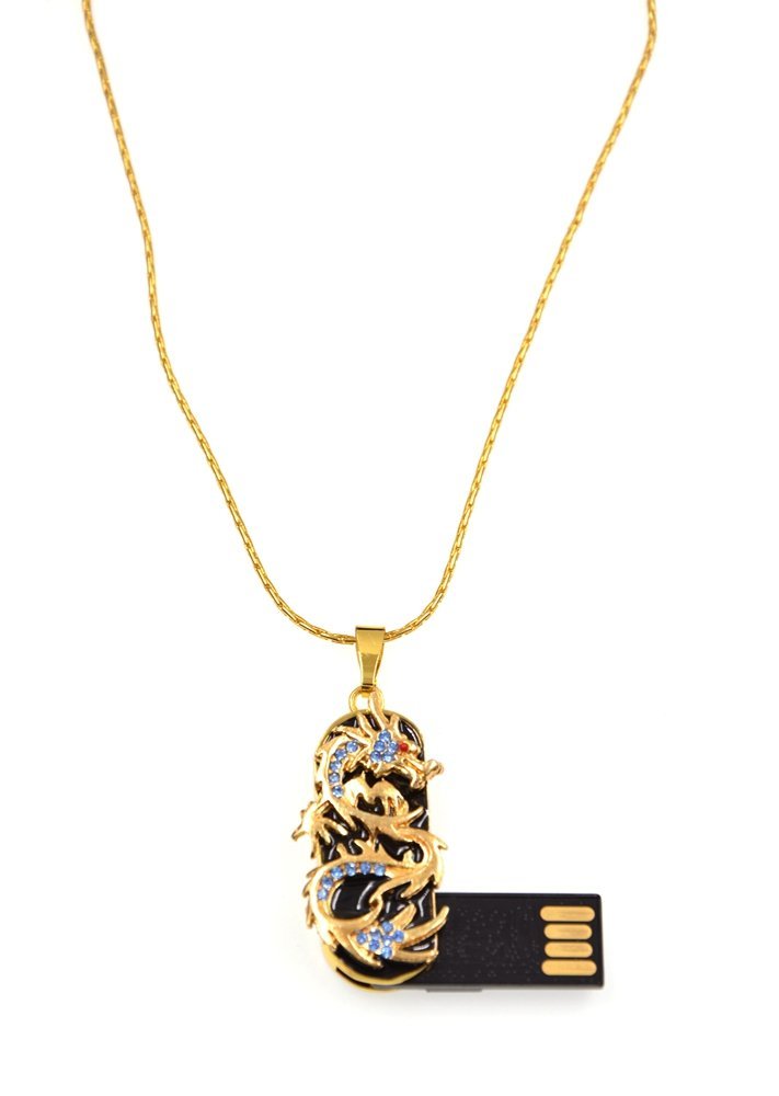32GB USB Flash Drive Lovely Golden Dragon Thumb Drive with Crystal Pendant with Necklace USB 2.0 Memory Stick Pendrive by FEBNISCTE